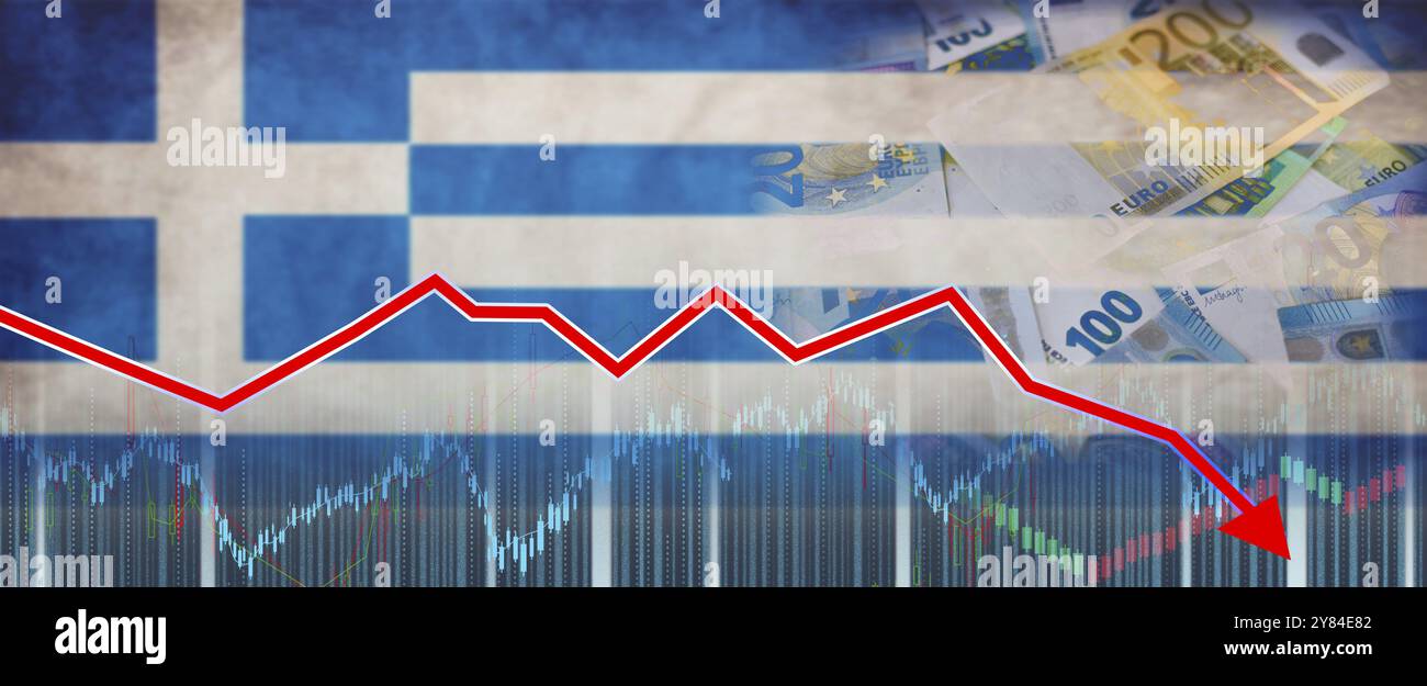 Greece financial crisis on economic graph, economic collapse. Greek ...