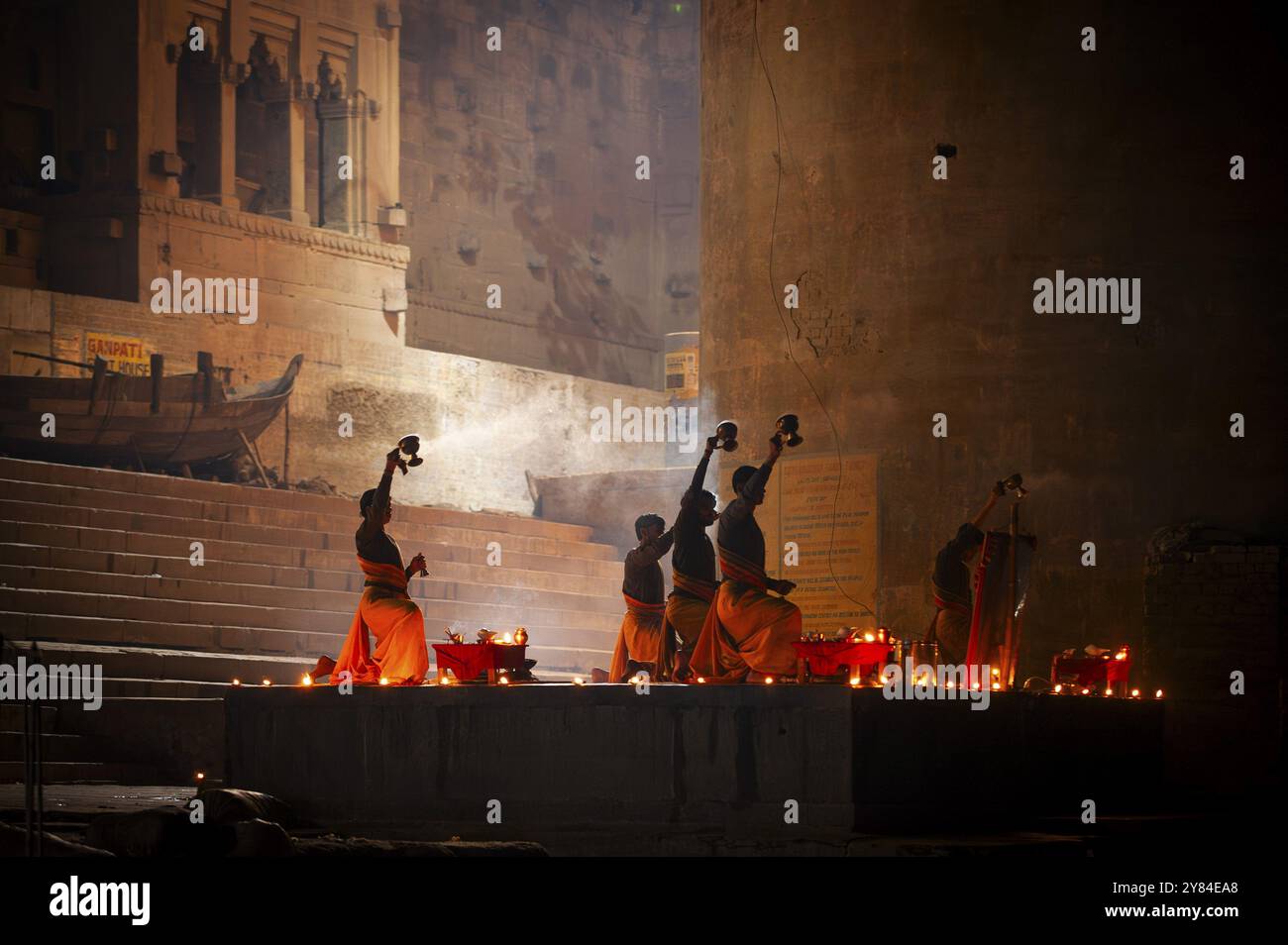 Nocturnal Aarti fire ceremony at the Ganges, Varanasi or Benares or ...