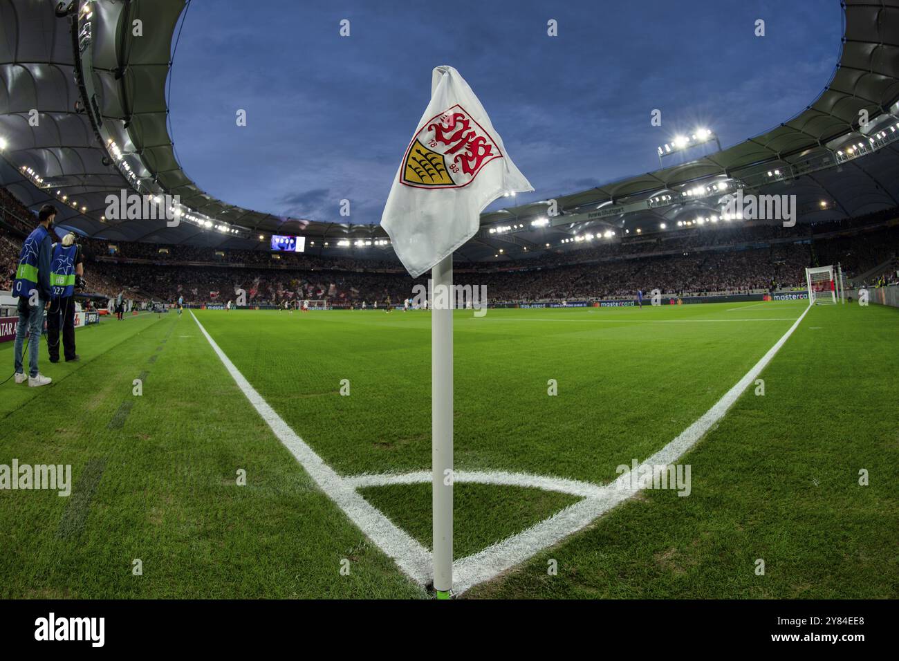 Corner flag, VfB Stuttgart, logo, blue hour, Champions League, MHPArena ...