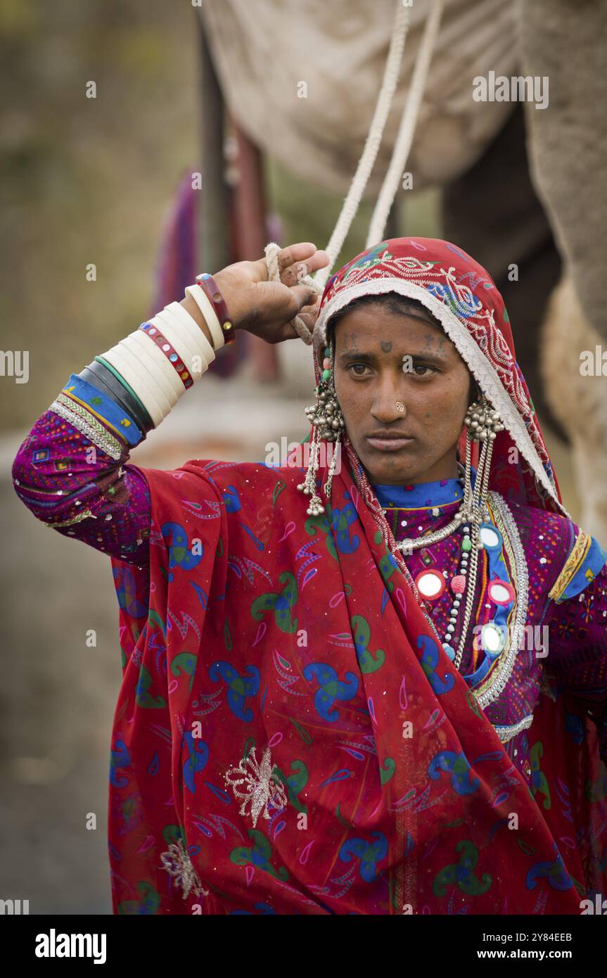 Traditionally dressed and tattooed woman, nomadic caravan with camels ...