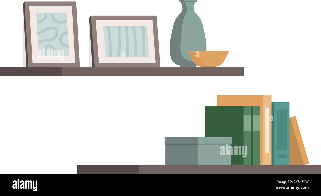 Decorative objects and books on shelves, home decor concept, isolated ...