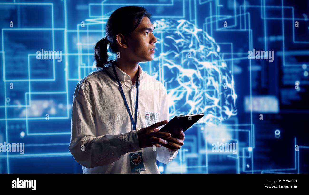 Developer Working With Artificial Intelligence Computerized Model Simulating Human Brain Worker