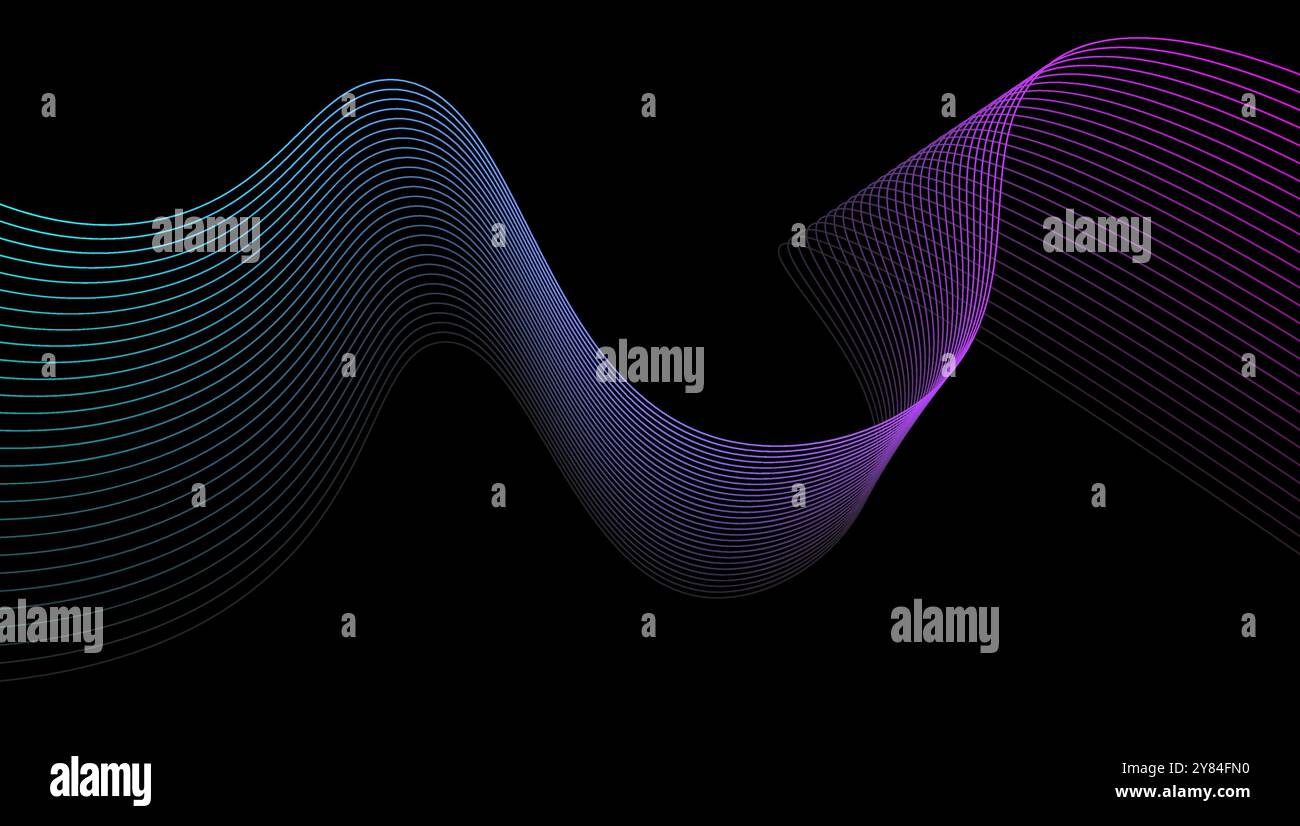 Dynamic wave patterns create vibrant lines against a black background in a colorful abstract ...