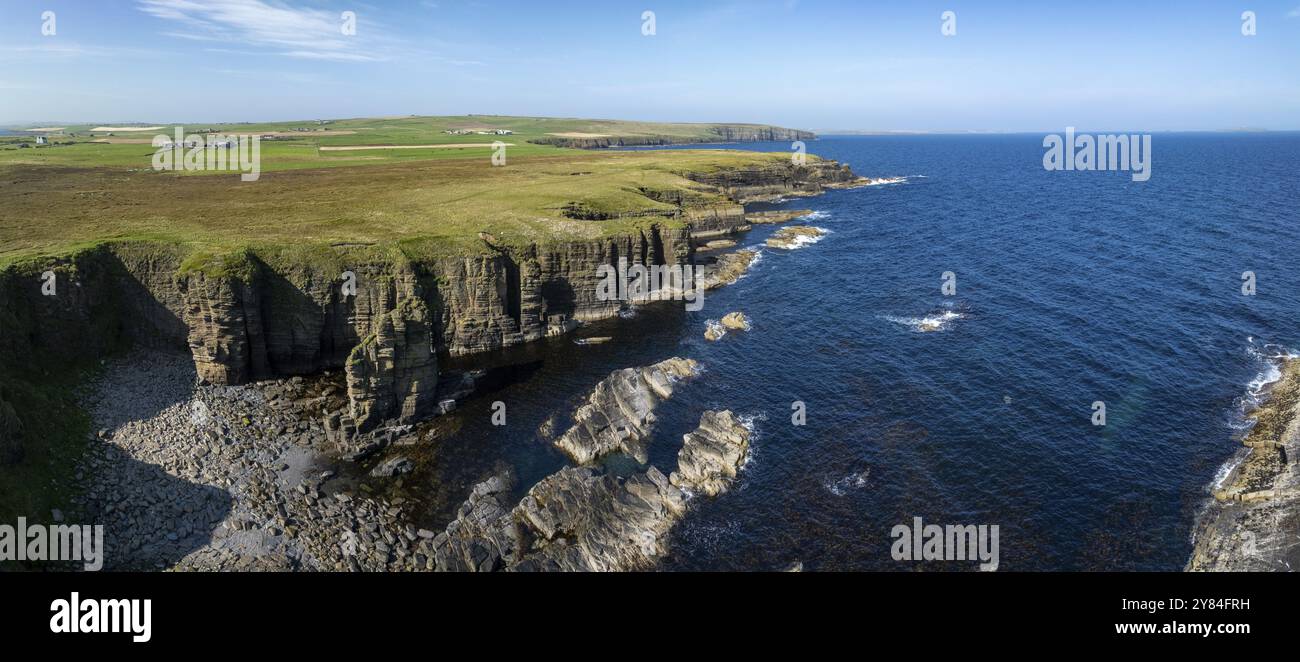 Cliffs and cliff pillars, Cornquoy peninsula, drone image, Mainland ...