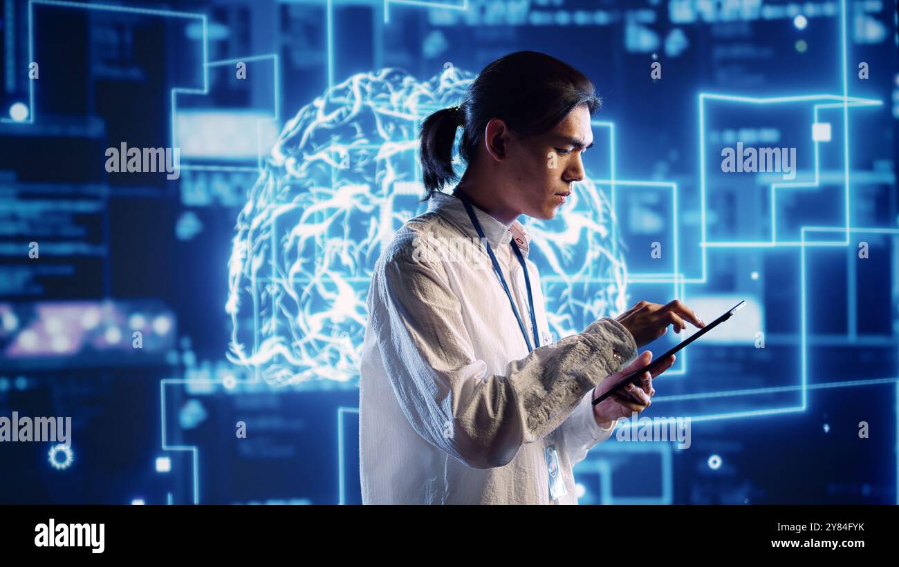 Hardworking System Administrator In Data Center Uses Artificial Intelligence Computing