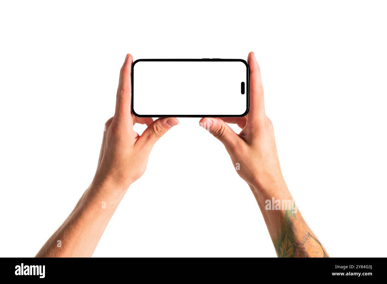 Man hand holding modern blank smartphone mockup with white screen on ...