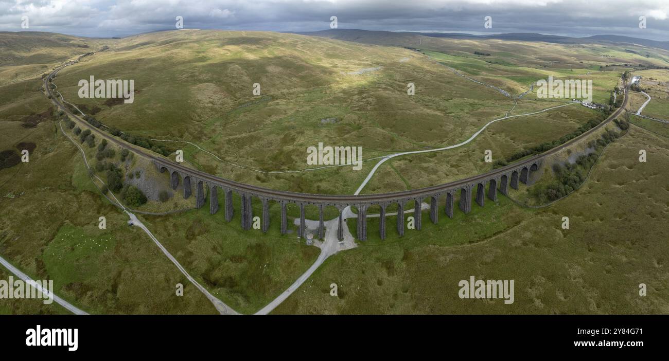 Ribblehead Viaduct, railway viaduct in the Yorkshire Dales, drone image ...
