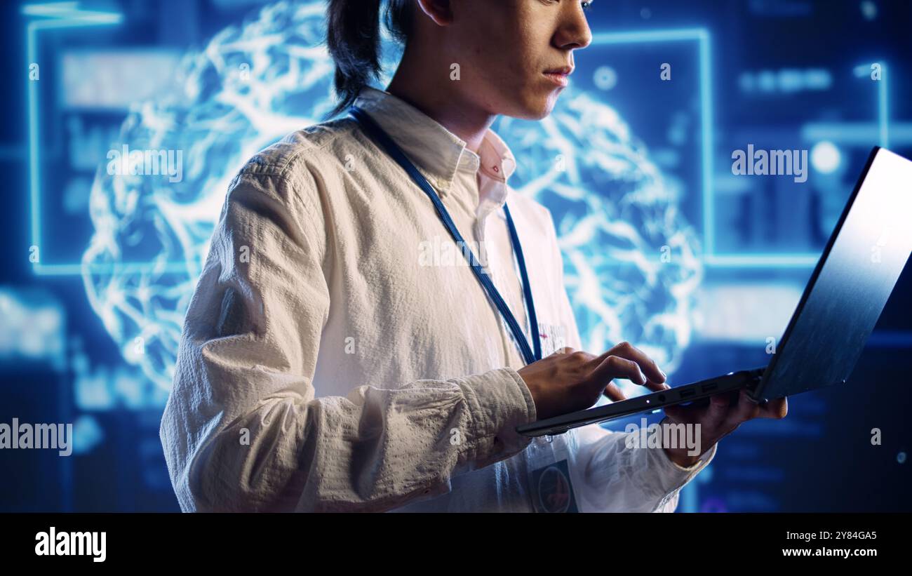 Seasoned IT inspector in data center uses artificial intelligence computing simulating human ...