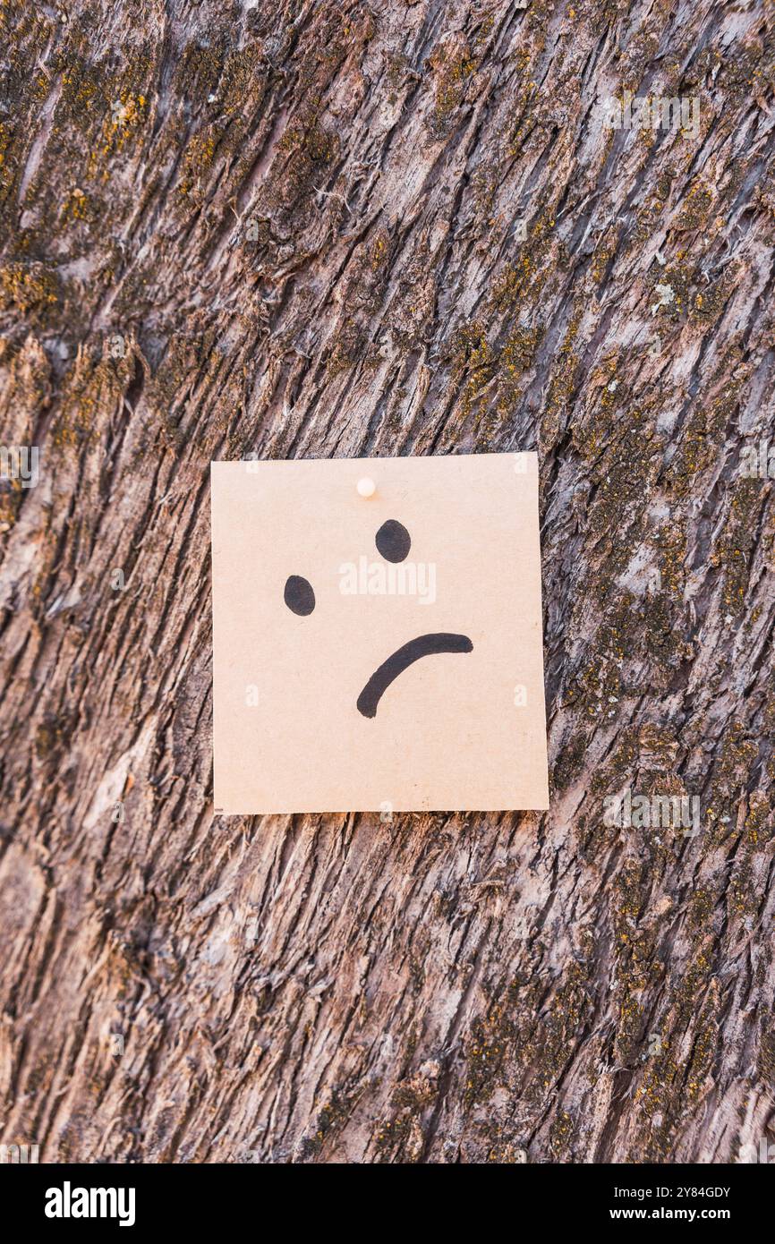 sad face drawn on recycled cardboard with a textured background of tree ...