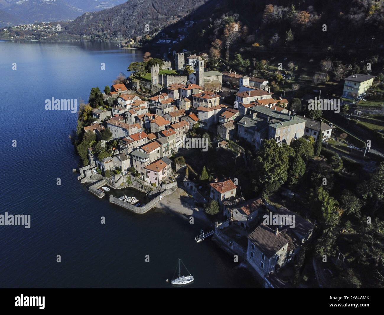 Aerial view of the harbor of Corenno Plinio Stock Photo - Alamy