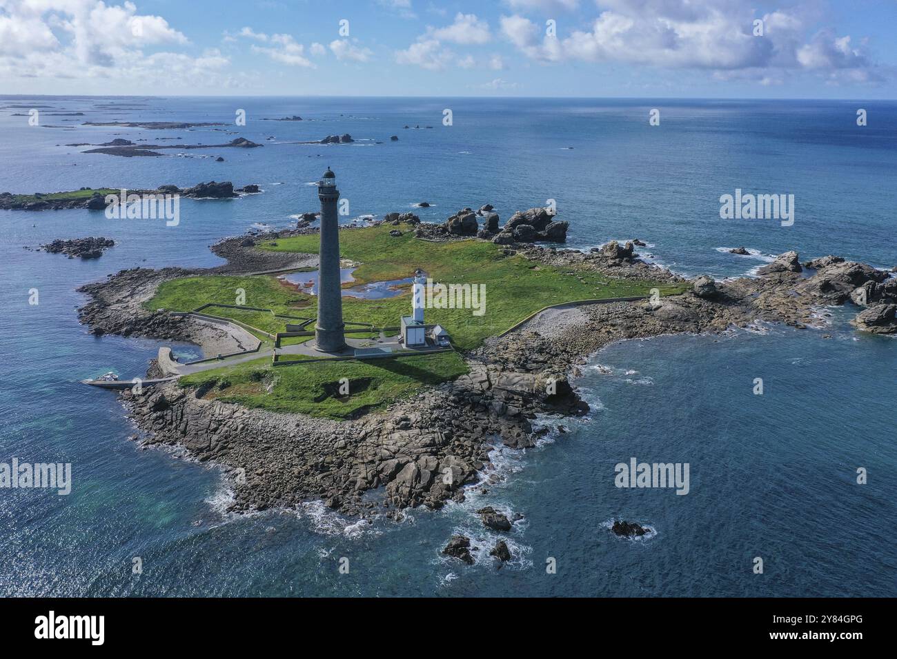 Aerial view island Ile Vierge with lighthouses Phare de l'Ile Vierge ...