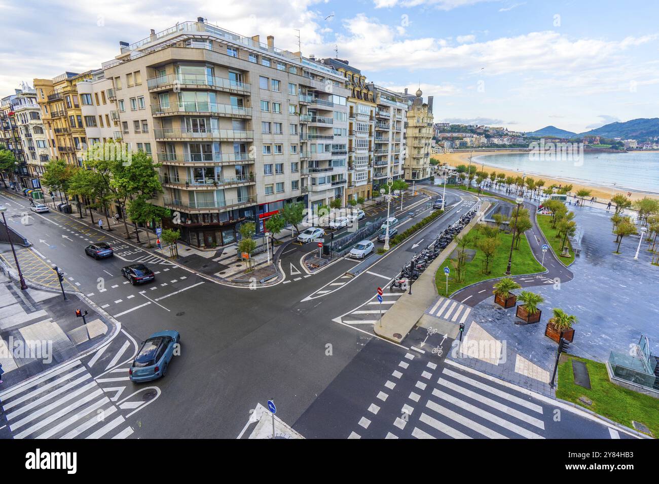 Aerial view of the avenue and the beach of La Concha without people in ...