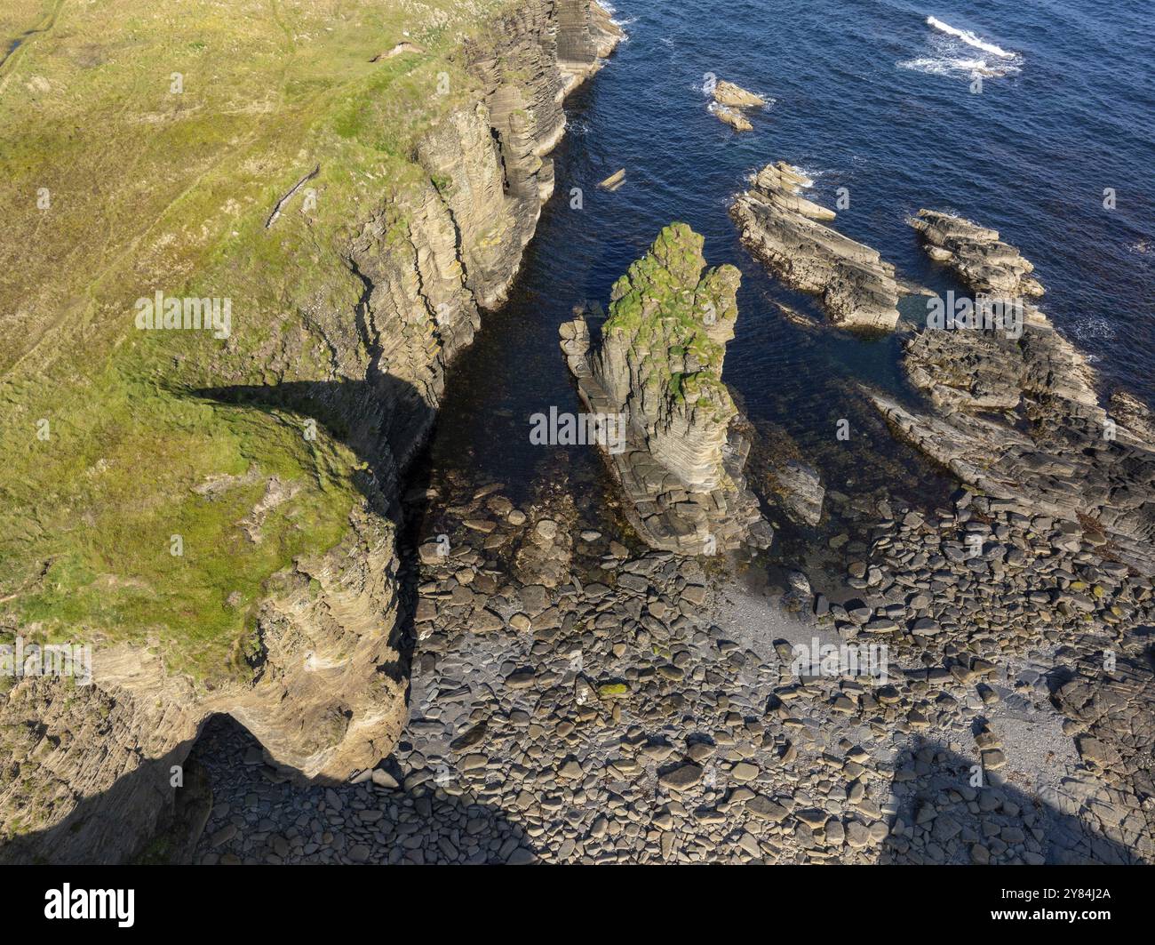 Cliffs and cliff pillars, Cornquoy peninsula, drone image, Mainland ...