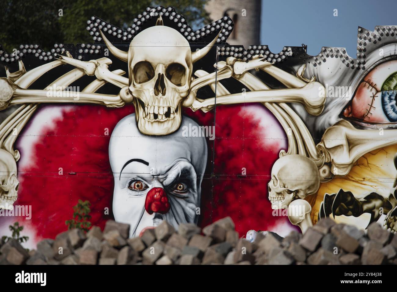 Face of a horror clown, about clown skull, ghost train, fair, funfair ...