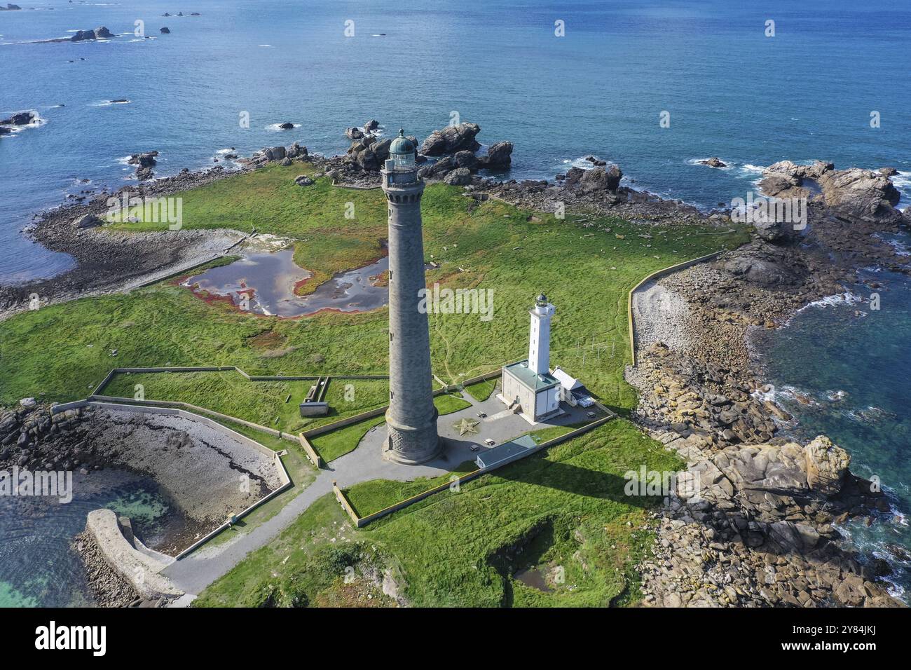 Aerial view island Ile Vierge with lighthouses Phare de l'Ile Vierge ...