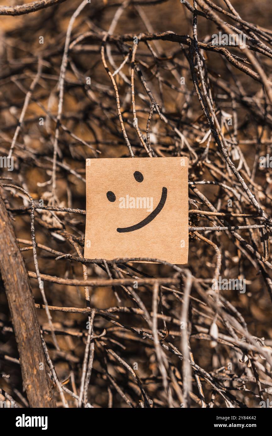 Happy face drawn on recycled cardboard with a textured background of ...