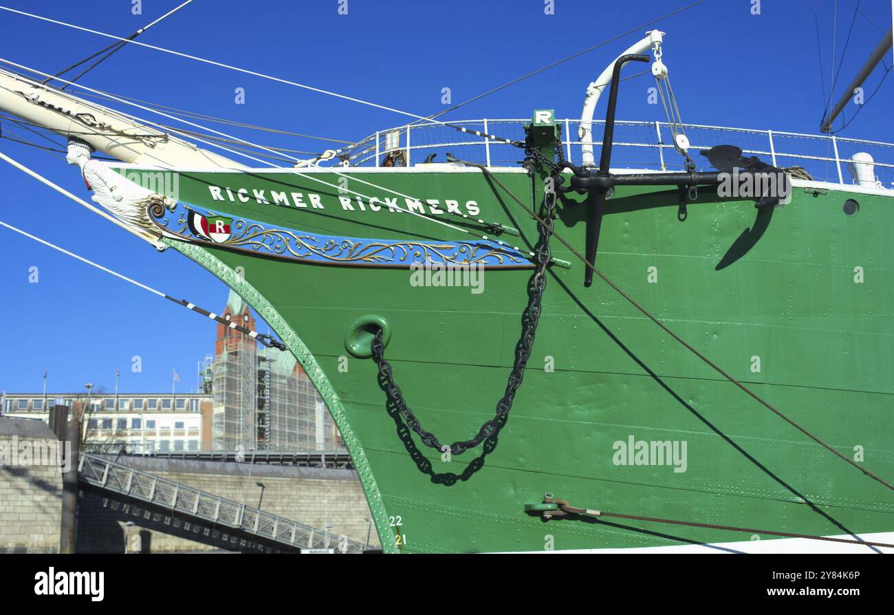 The bow of the museum ship Rickmer Rickmers in the port of Hamburg ...