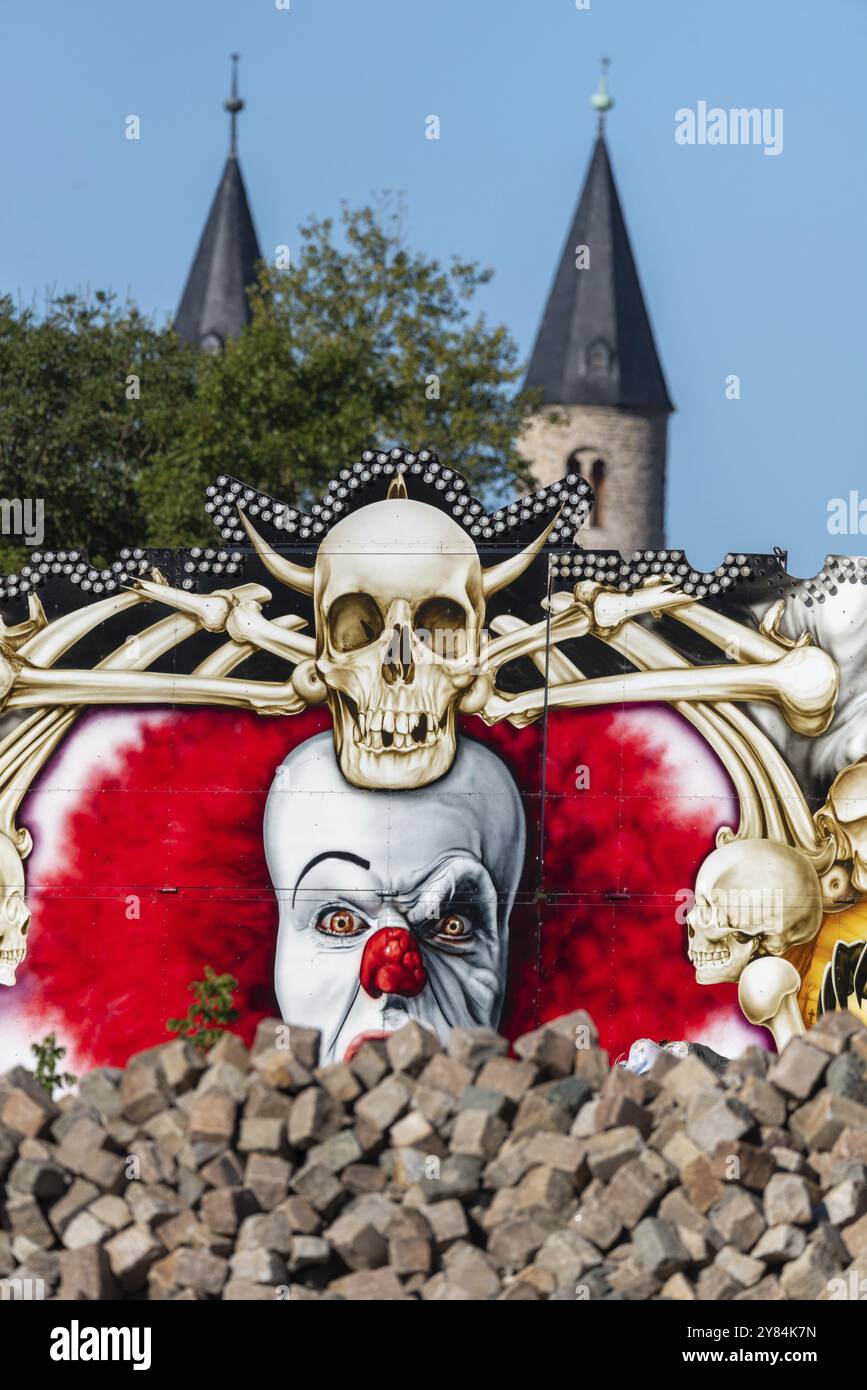 Face of a horror clown, about clown skull, ghost train, fair, funfair ...