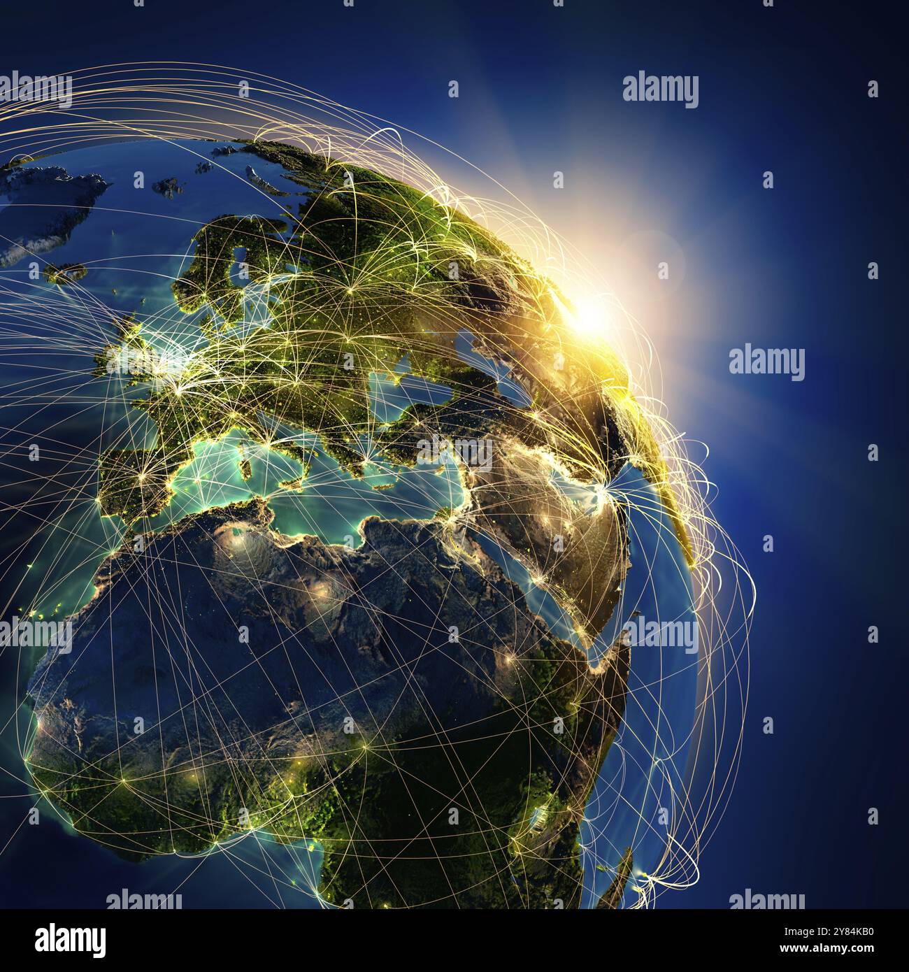 Highly detailed planet Earth at night, lit by the rising sun, with ...