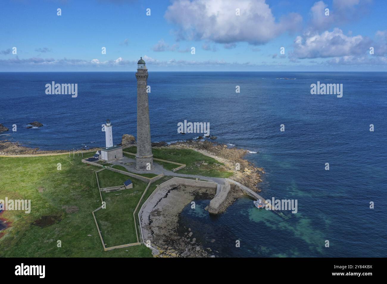 Aerial view island Ile Vierge with lighthouses Phare de l'Ile Vierge ...
