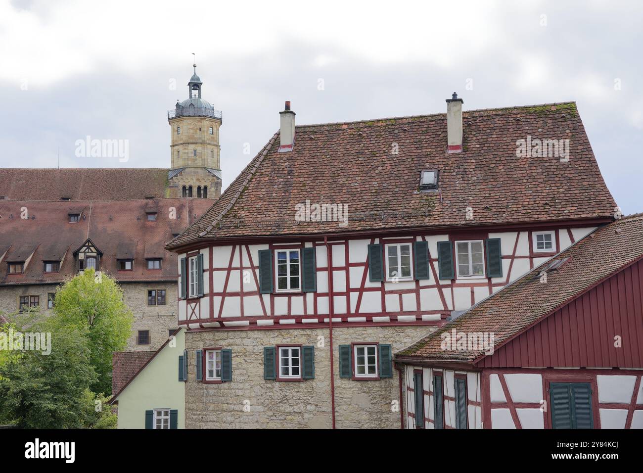 View of the historic Kelker Gate and St Michael's Church in Schwaebisch ...