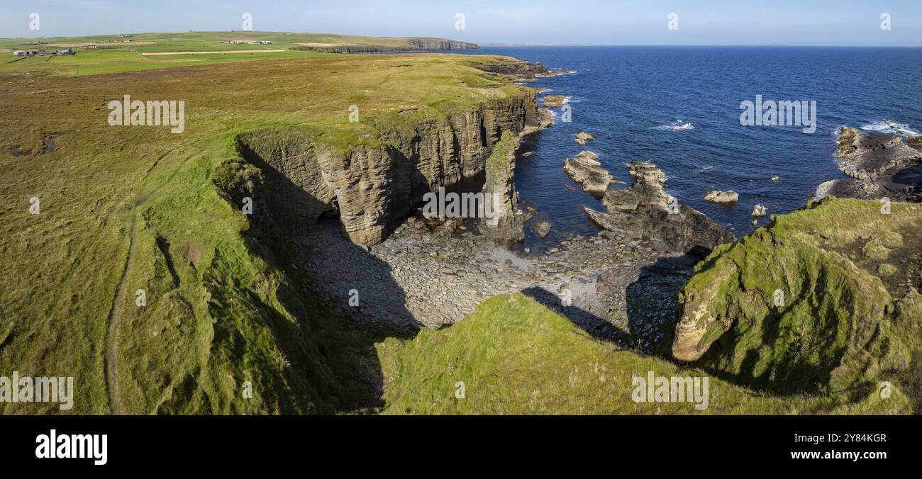 Cliffs and cliff pillars, Cornquoy peninsula, drone image, Mainland ...