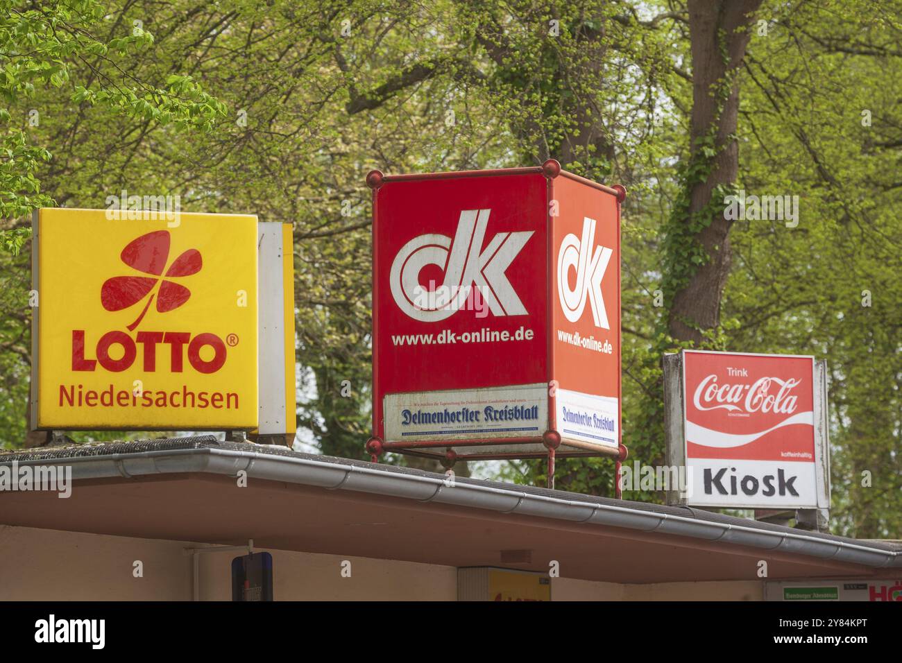 Various billboards with logos on a kiosk, Germany, Europe Stock Photo ...