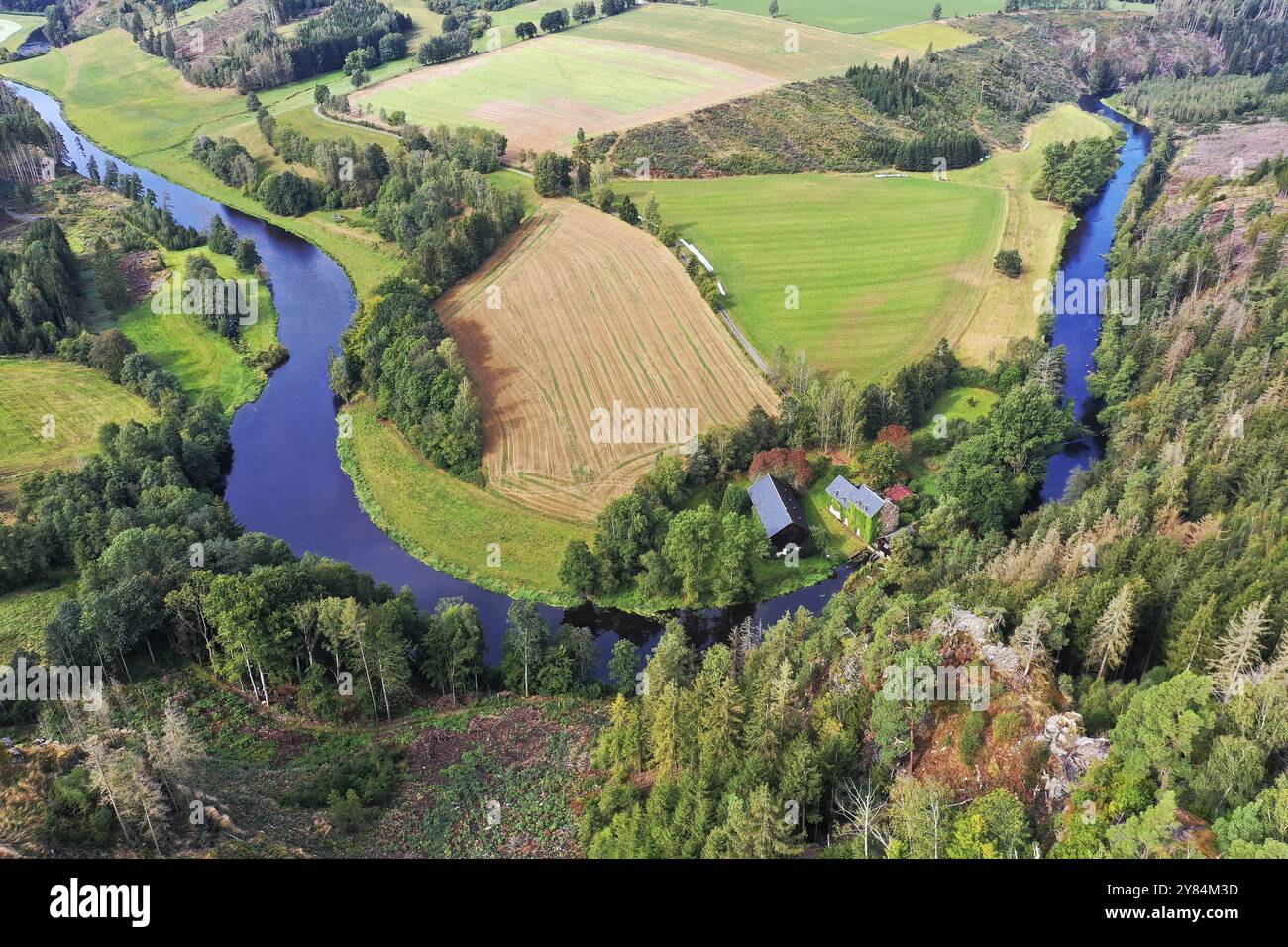 Aerial view of the picturesque river bend at Petersgrat Blick, which ...