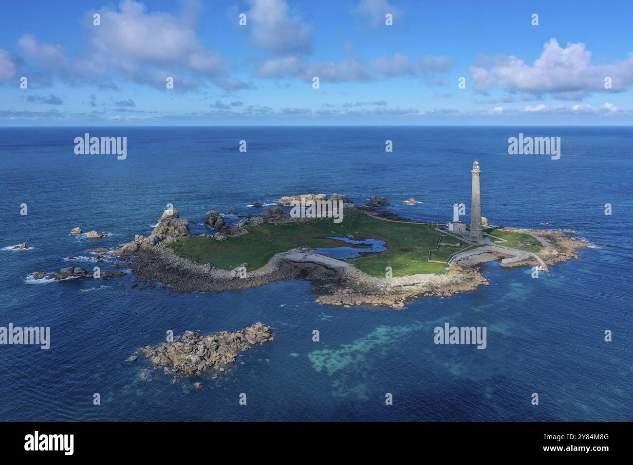 Aerial view island Ile Vierge with lighthouses Phare de l'Ile Vierge ...