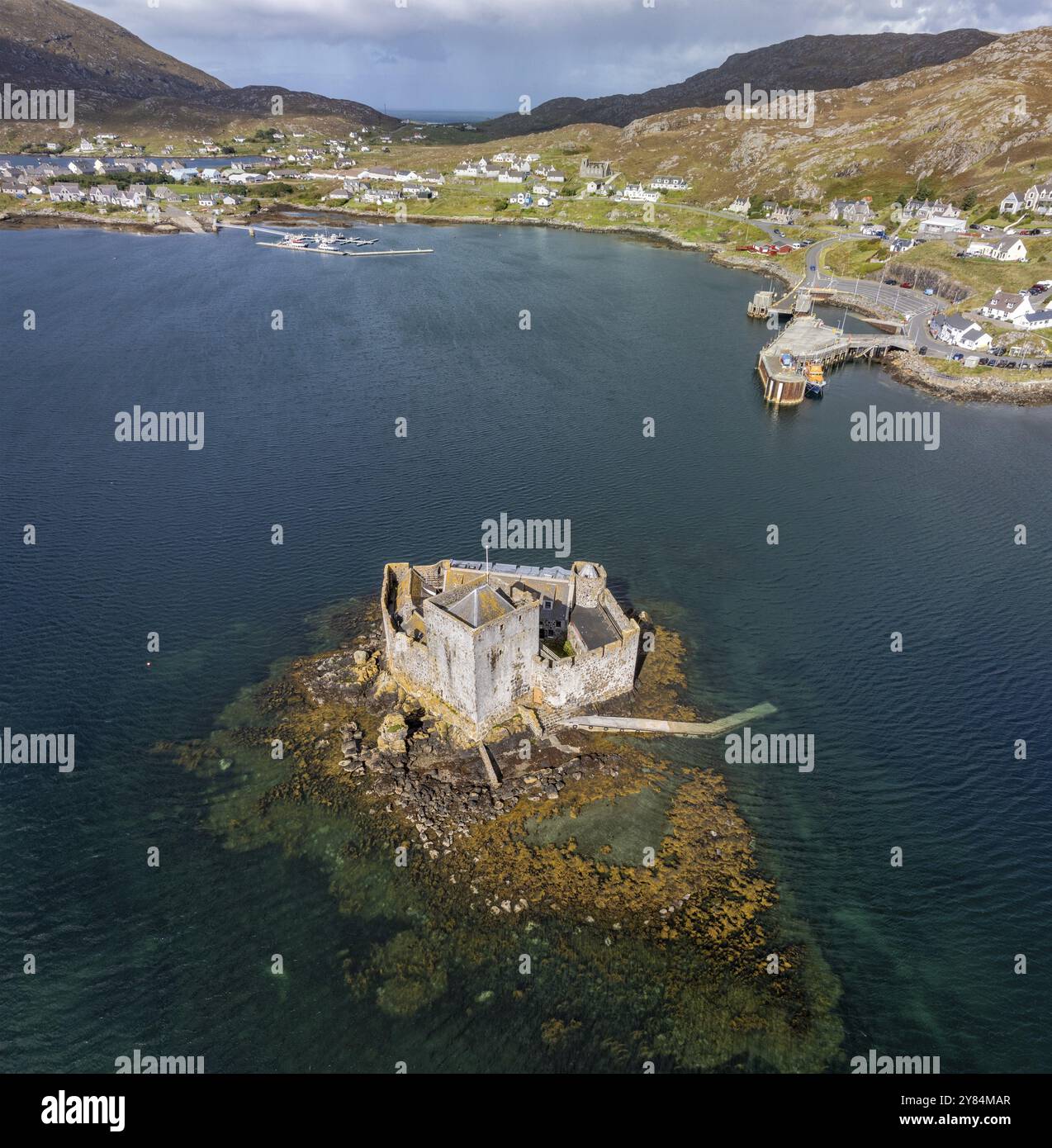 Kisimul Castle, castle ruins in the harbour area, drone shot, Castlebay ...