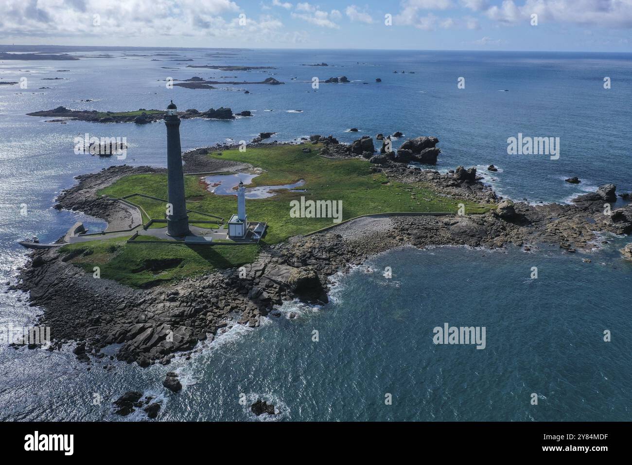 Aerial view island Ile Vierge with lighthouses Phare de l'Ile Vierge ...