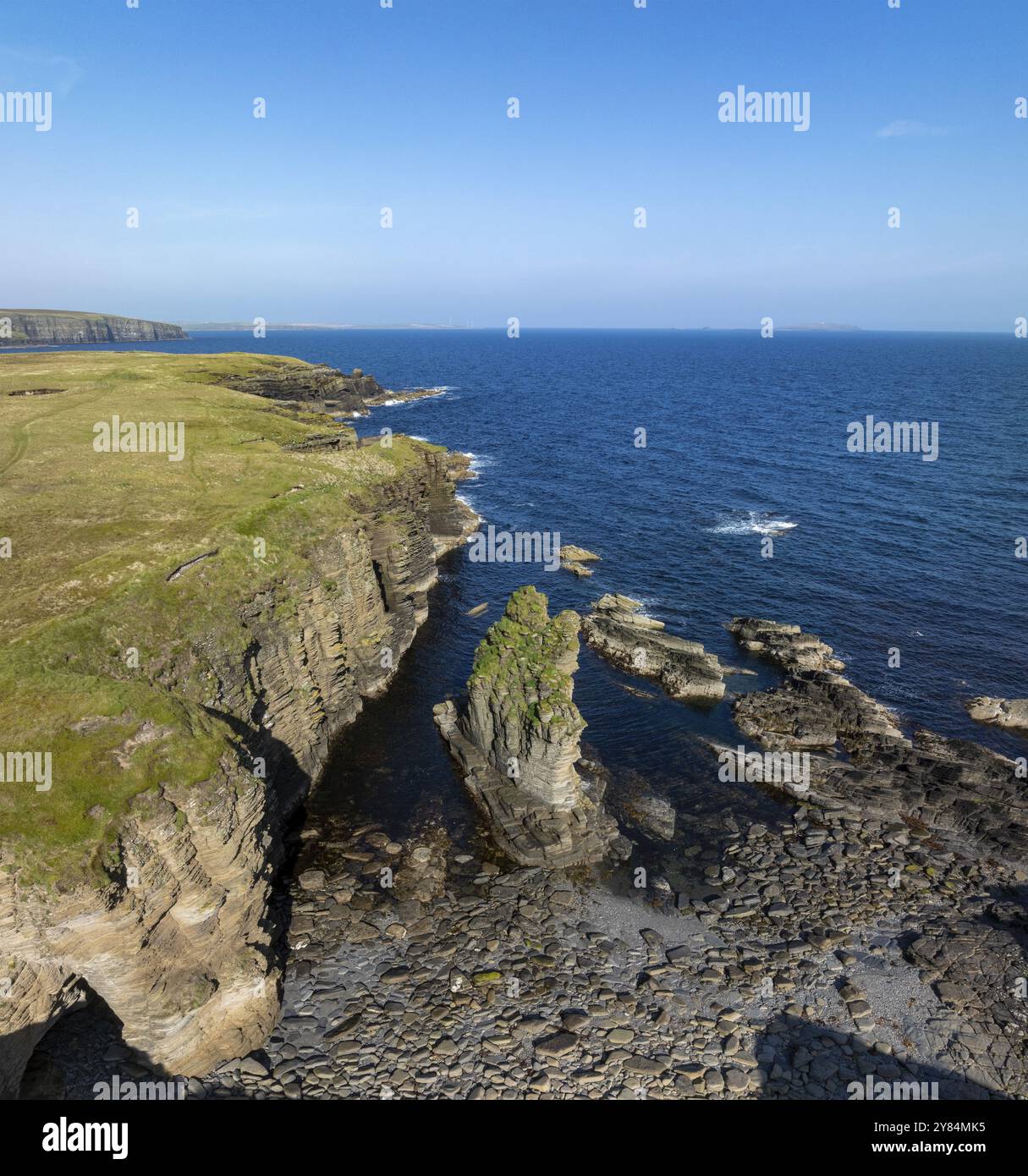 Cliffs and cliff pillars, Cornquoy peninsula, drone image, Mainland ...