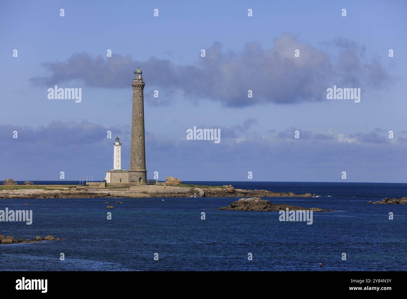 Aerial view island Ile Vierge with lighthouses Phare de l'Ile Vierge ...
