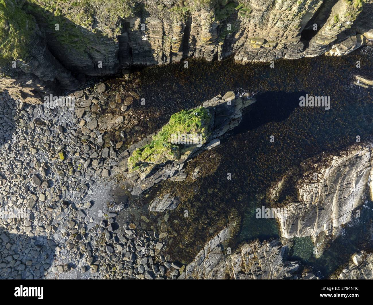 Cliffs and cliff pillars, Cornquoy peninsula, drone image, Mainland ...
