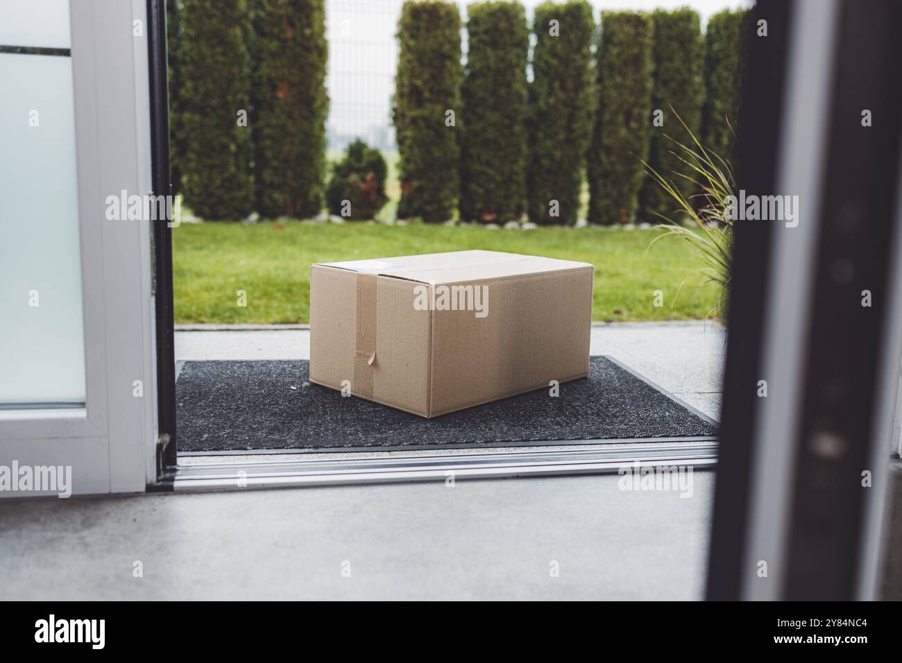Delivery package, a cardboard box sitting in front of the front door ...