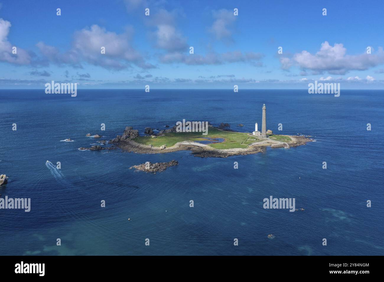 Aerial view island Ile Vierge with lighthouses Phare de l'Ile Vierge ...
