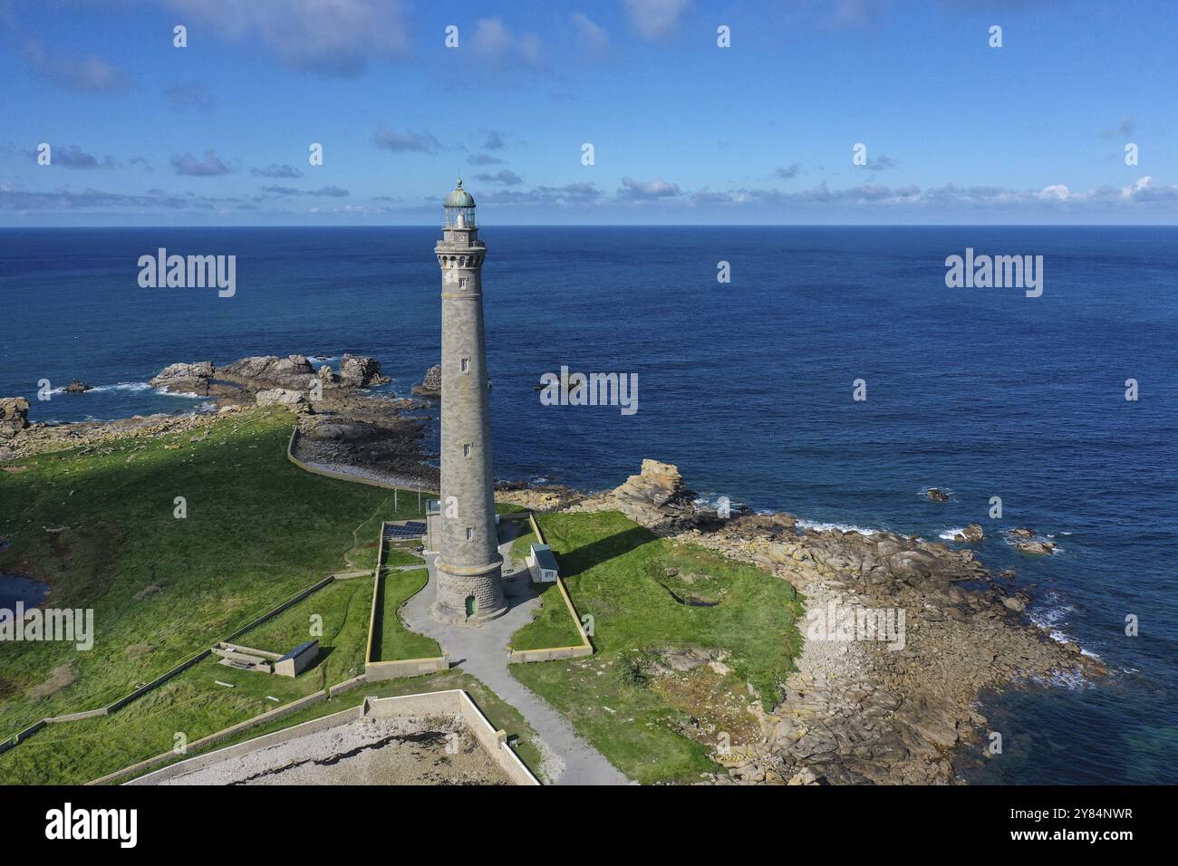 Aerial view island Ile Vierge with lighthouses Phare de l'Ile Vierge ...