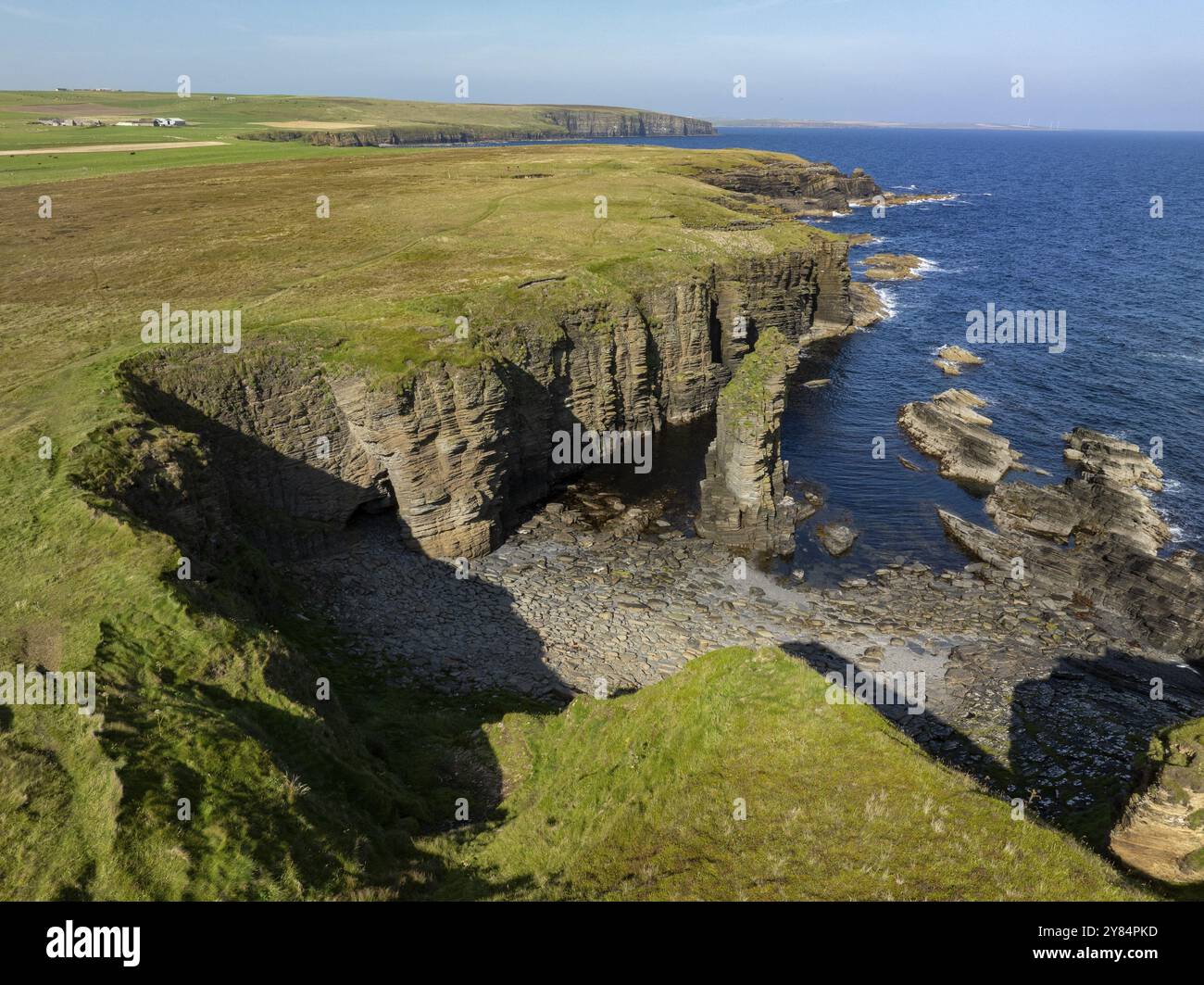 Cliffs and cliff pillars, Cornquoy peninsula, drone image, Mainland Orkney, Scotland, Great ...