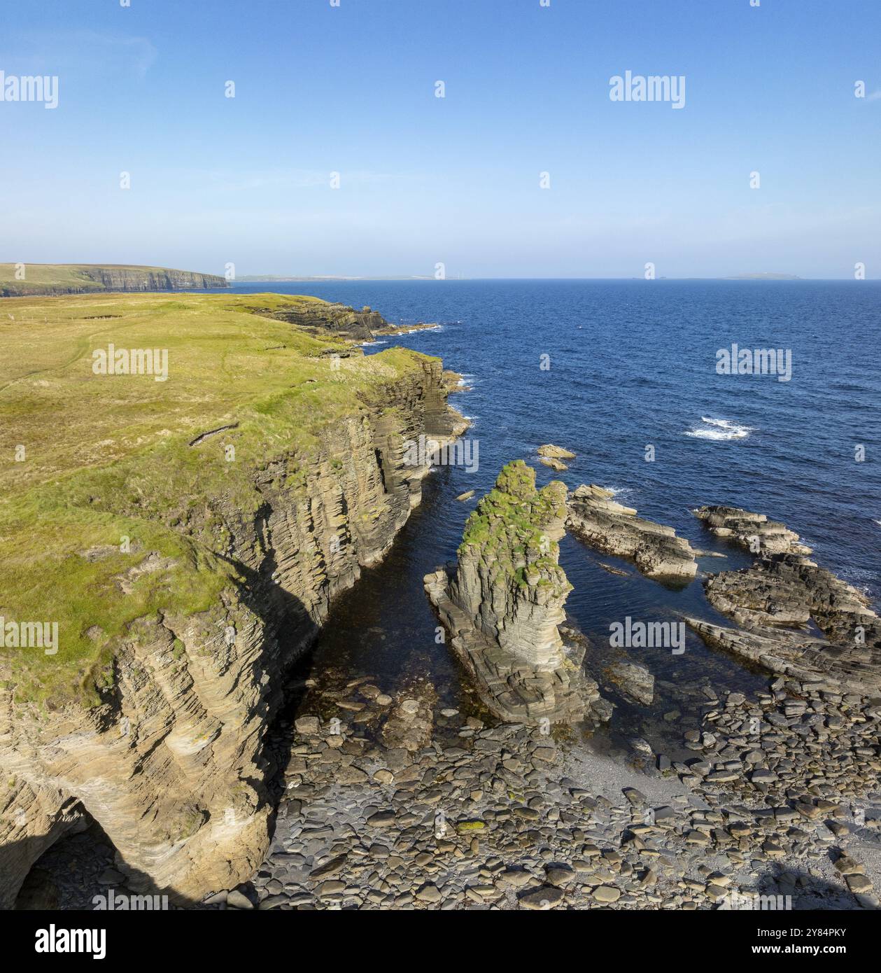 Cliffs and cliff pillars, Cornquoy peninsula, drone image, Mainland ...