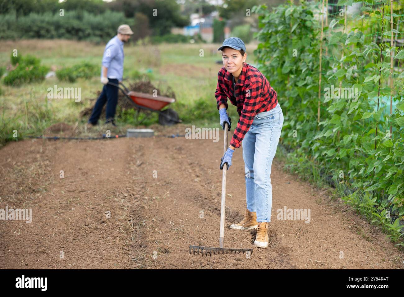 Peasant girl is working in garden with rake Stock Photo - Alamy