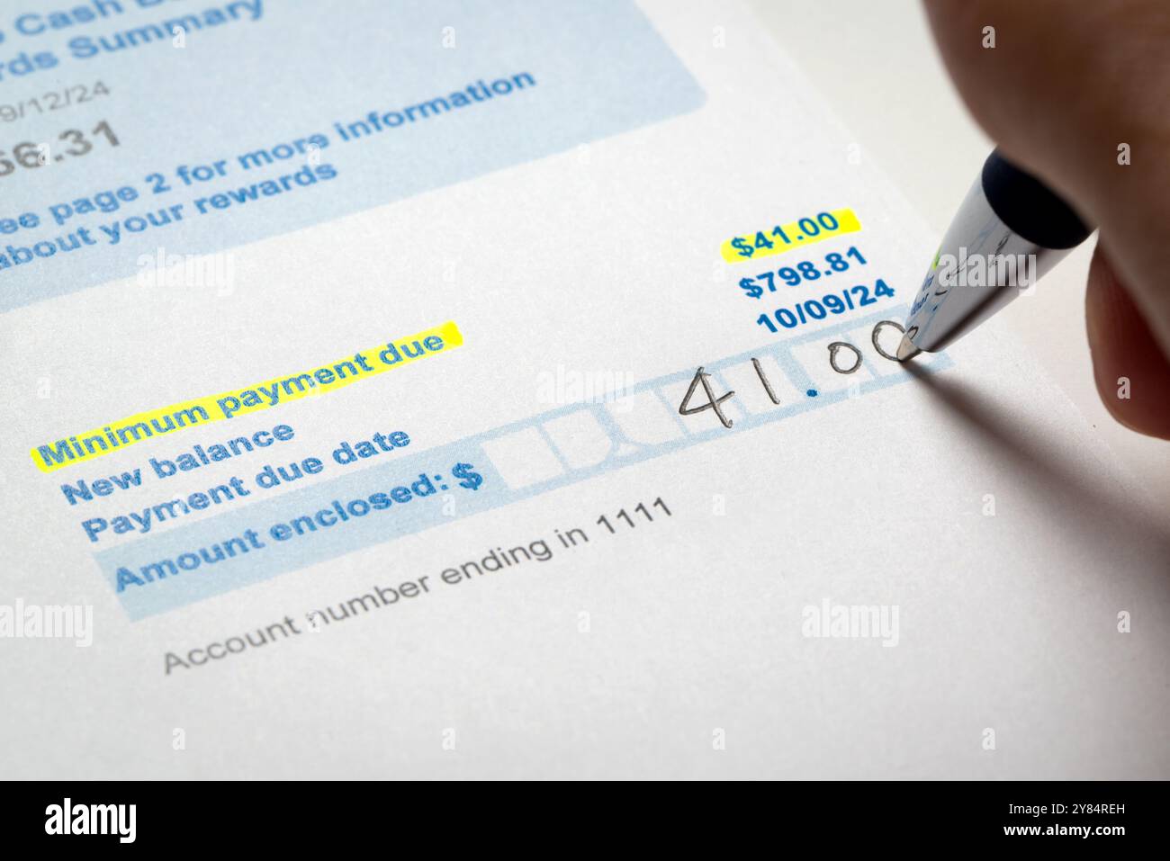 Credit card statement bill showing paying the minimum payment amount ...
