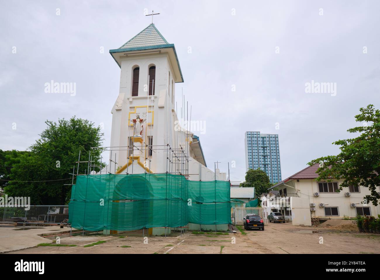 Exterior view with construction scaffolding .At the Catholic, christian ...