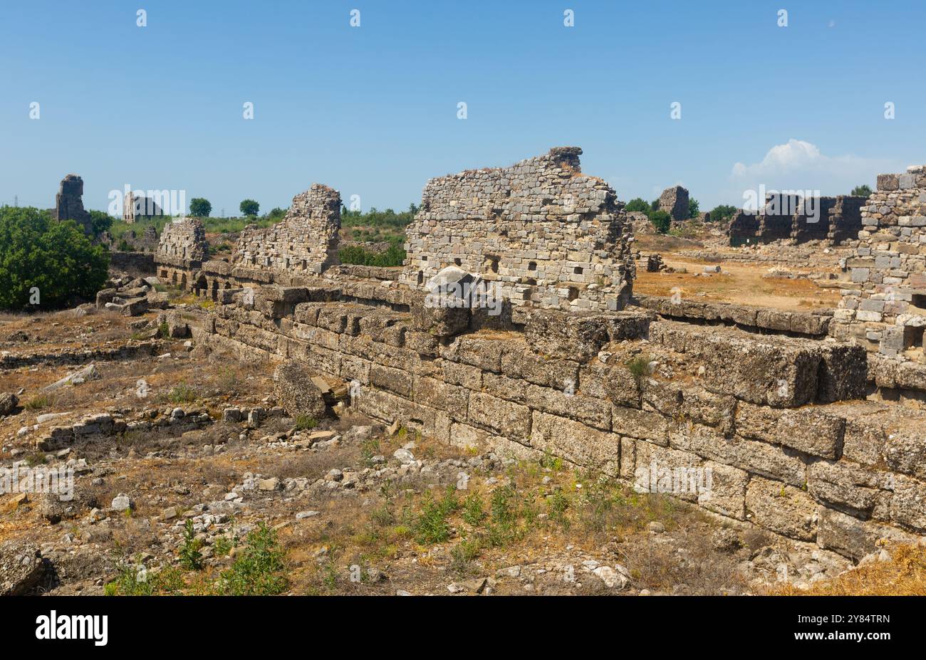 Remains of foundations of basilica in ancient city of Aspendos, Turkey ...