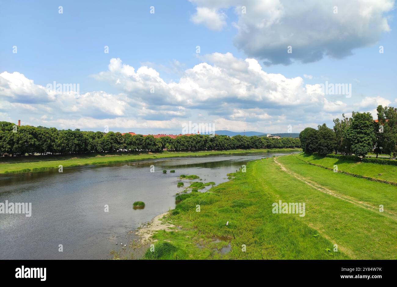 Scenic summer view of Uzhhorod city and Uzh river, Transcarpathia ...