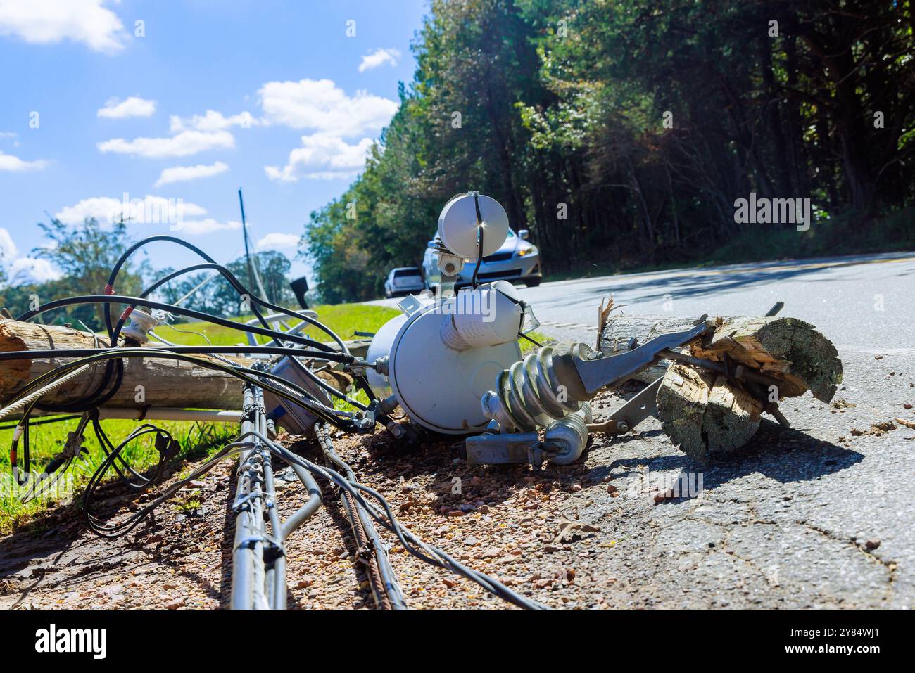Fell down electric poles wires were broken by storm winds during strong ...