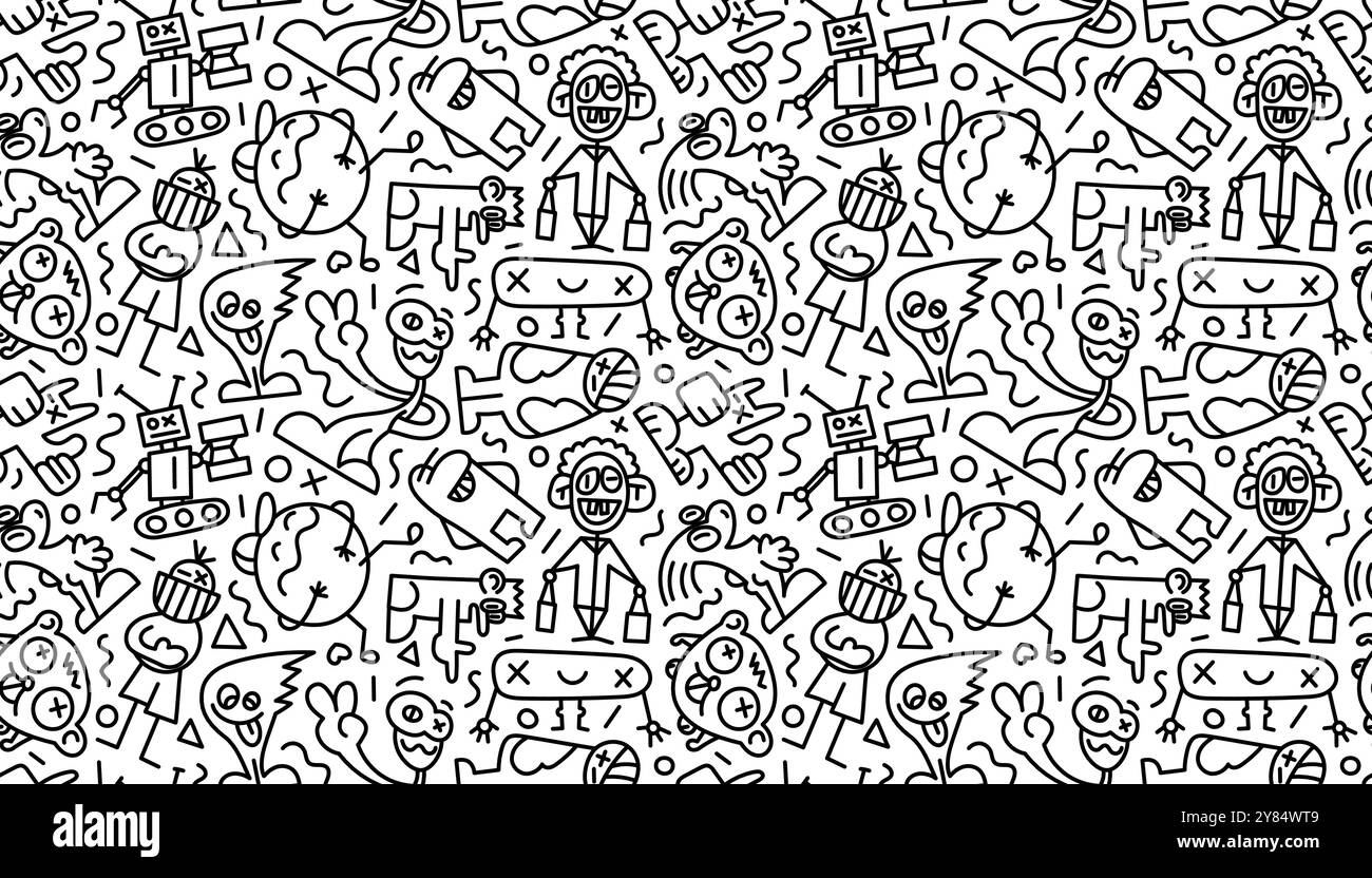 Abstract linear funny characters doodle seamless pattern. Black bold ...