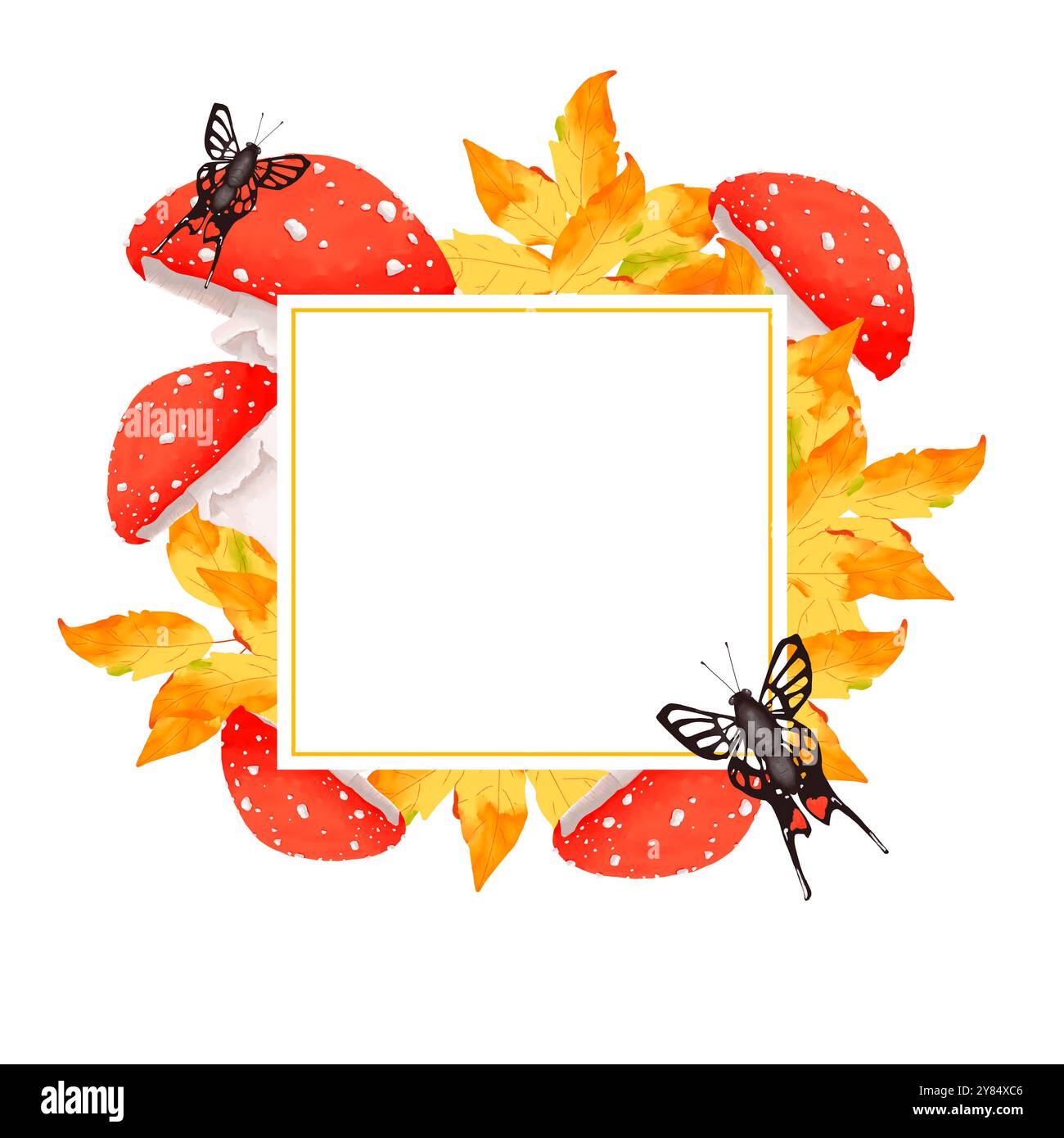 Square background with golden border, fly agarics, bright leaves and ...