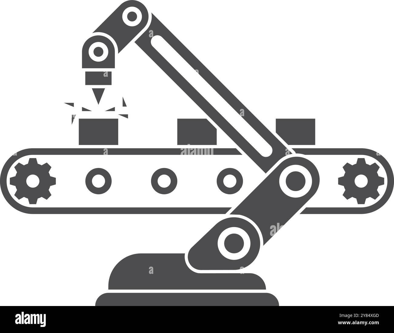 Automatic arm on industrial conveyor black icon. Factory robotization ...