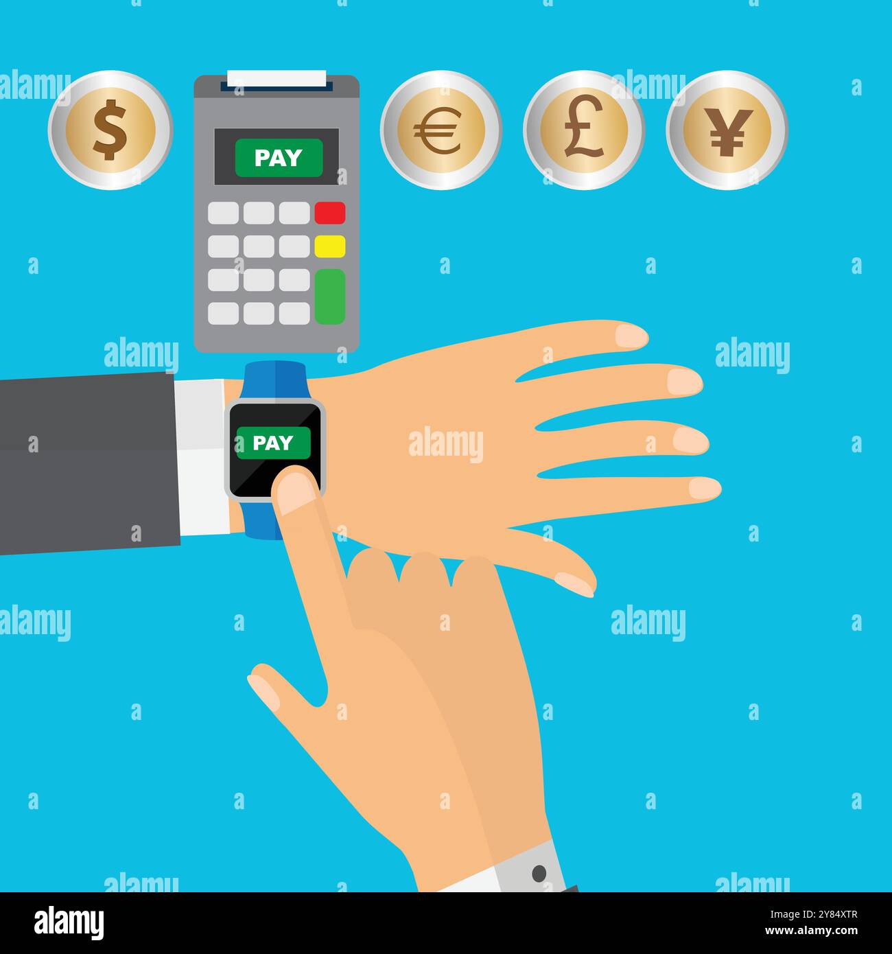 Contactless payment with smartwatch, person paying with smartwatch in ...