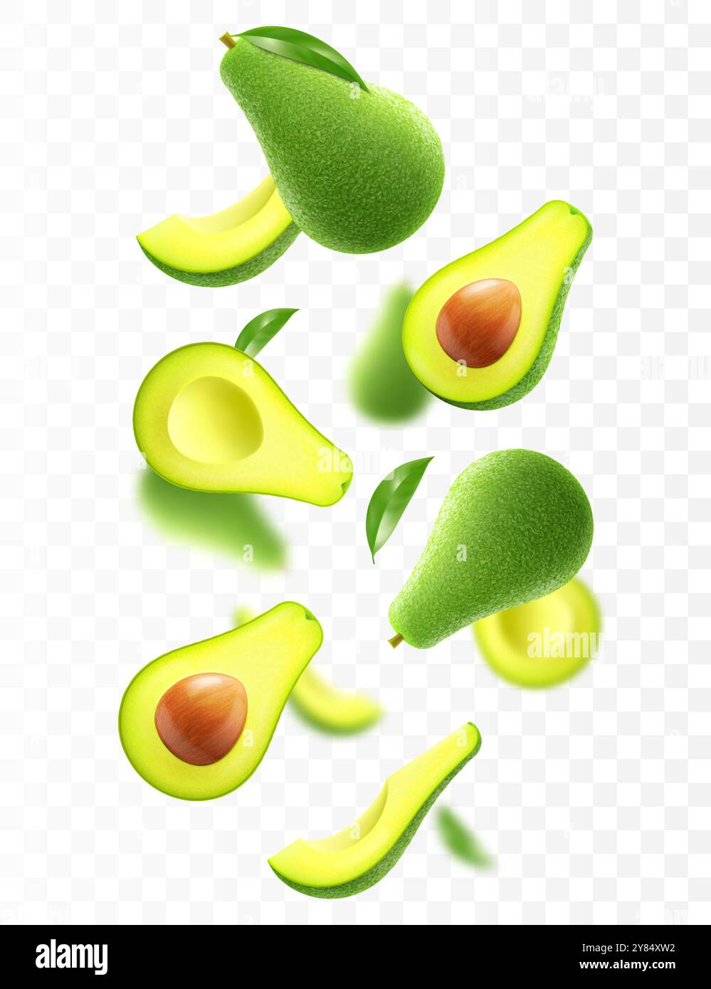 Flying ripe fresh avocado. Bright advertising background falling juicy ...